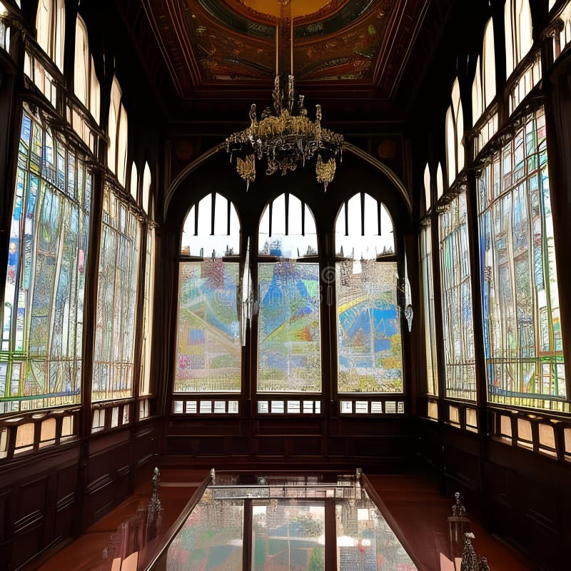 Great Hall with a Stained Glass Windows Stock Illustration ...