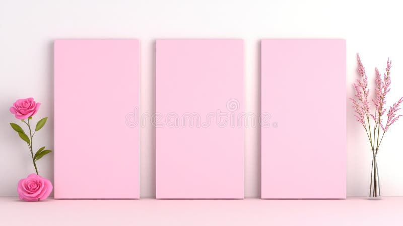 Pink Roses and White Empty Rectangular Paper Note Frame on Pink Table ...