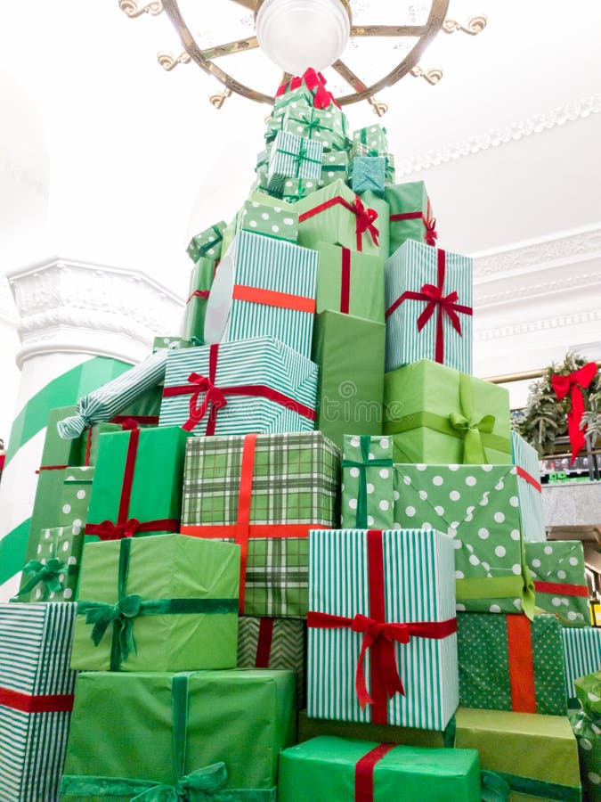 Beautiful High Chrsitmas Tree Made of Boxes with Holiday Gifts Stock ...