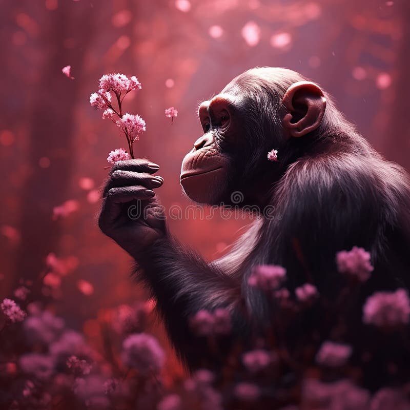 A Monkey Holding a Beautiful Wildflower. Stock Illustration ...