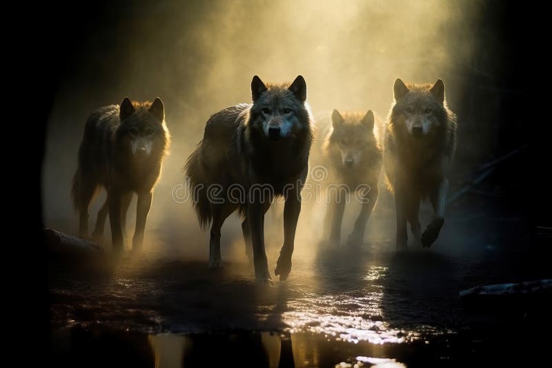 Pack of Wolves in the snow stock illustration. Illustration of misty ...