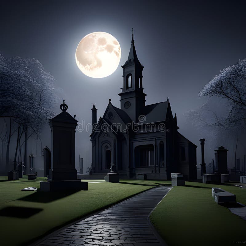 Cemetery at a moonlight stock illustration. Illustration of building ...