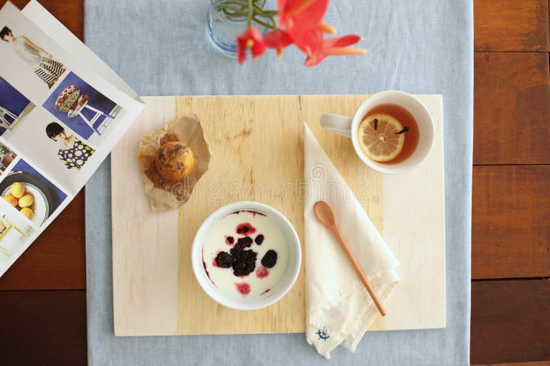 Image of Table Set with Attractive Healthy and Light Breakfast Stock ...