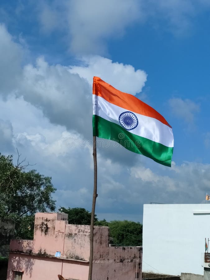 Beautiful Indian Flag Fluttering in Blue Sky Stock Photo - Image of ...