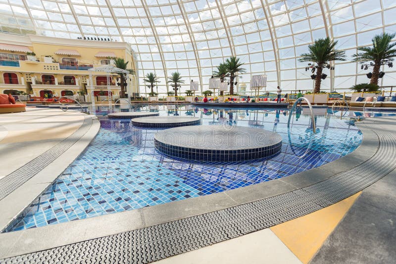 Beautiful Indoor Swimming Pool with Artificial Trees and Chairs and ...