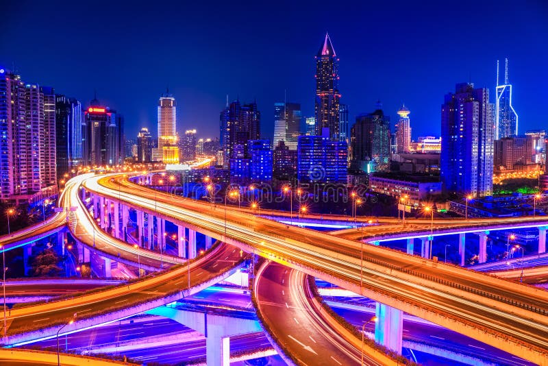 Beautiful Interchange Overpass and City Skyline Stock Photo - Image of ...
