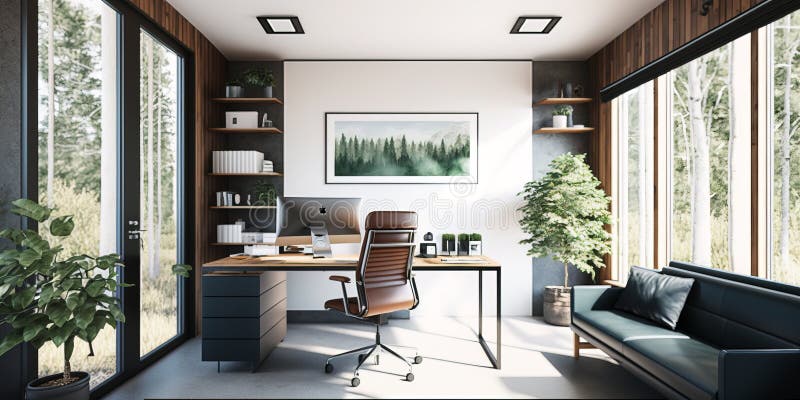 Beautiful Interior of Modern Office or Home in Forest. Generative AI ...