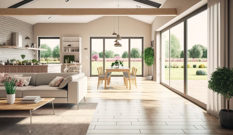 Beautiful Interior of a Modern Villa, View from Veranda, Generative AI ...