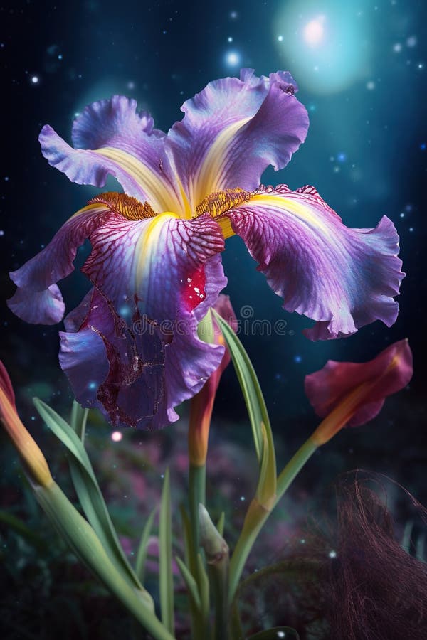 Beautiful Iris Flower on the Background of the Starry Sky, Generative AI Stock Illustration ...