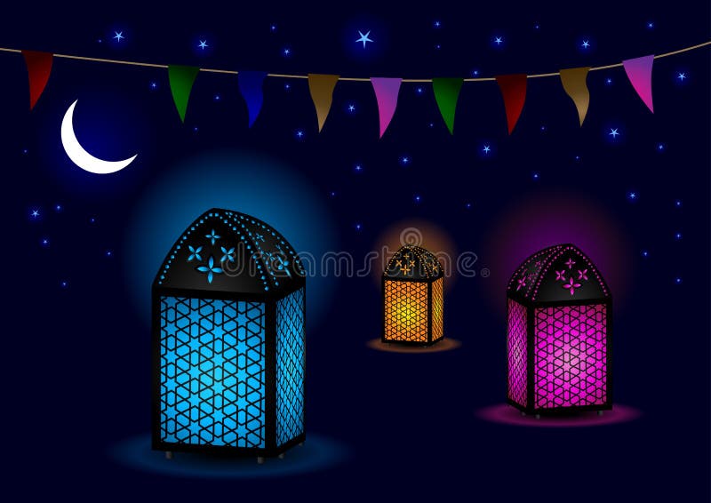 Beautiful Islamic Lamps with Crescent and Stars Stock Vector ...