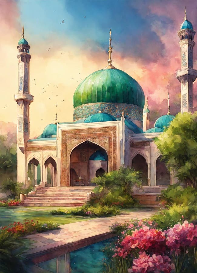 Beautiful Islamic Mosque Made by Water Colors Generative AI Stock ...