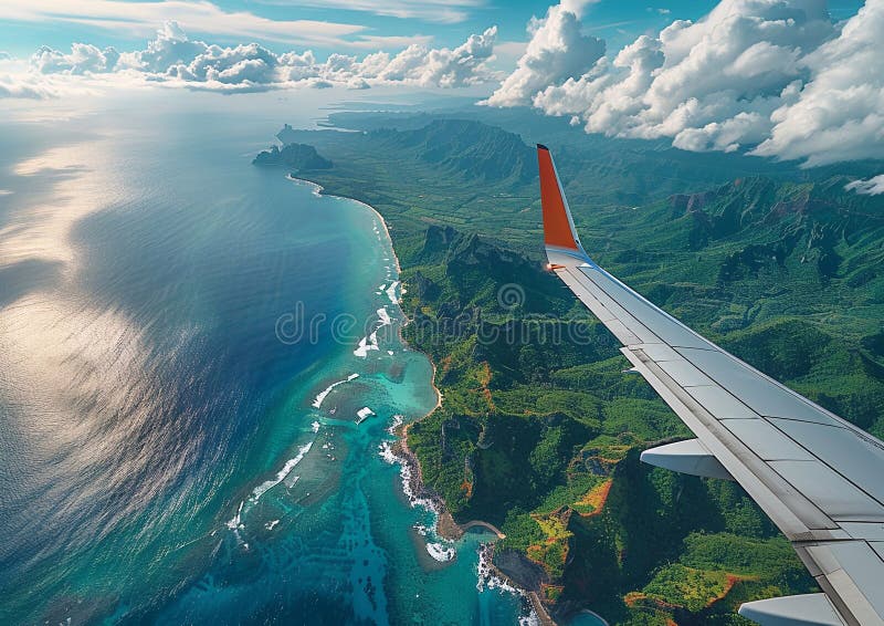 Beautiful Island with Blue Ocean through Plane Window with Visible Wing ...
