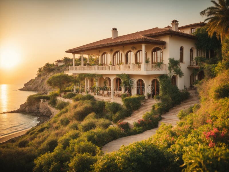Beautiful Italian-style Villa on Seafront in Sunset Stock Image - Image ...