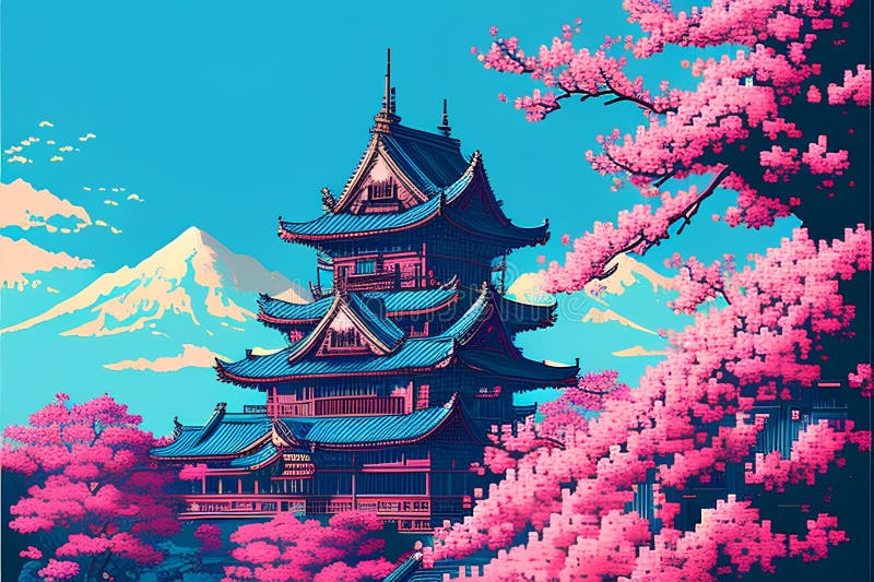 Beautiful Japanese Castle with Cherry Blossom. Vector Illustration ...