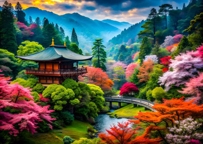 Beautiful Japanese Forest Scene Stock Illustration - Illustration of ...