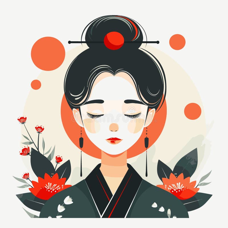 Beautiful Japanese Geisha with Flowers. Vector Illustration Stock ...