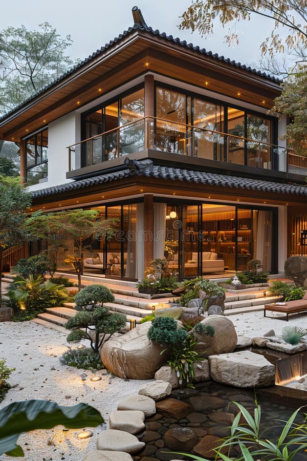 A Beautiful Japanese Home with a Water Feature Stock Image - Image of ...