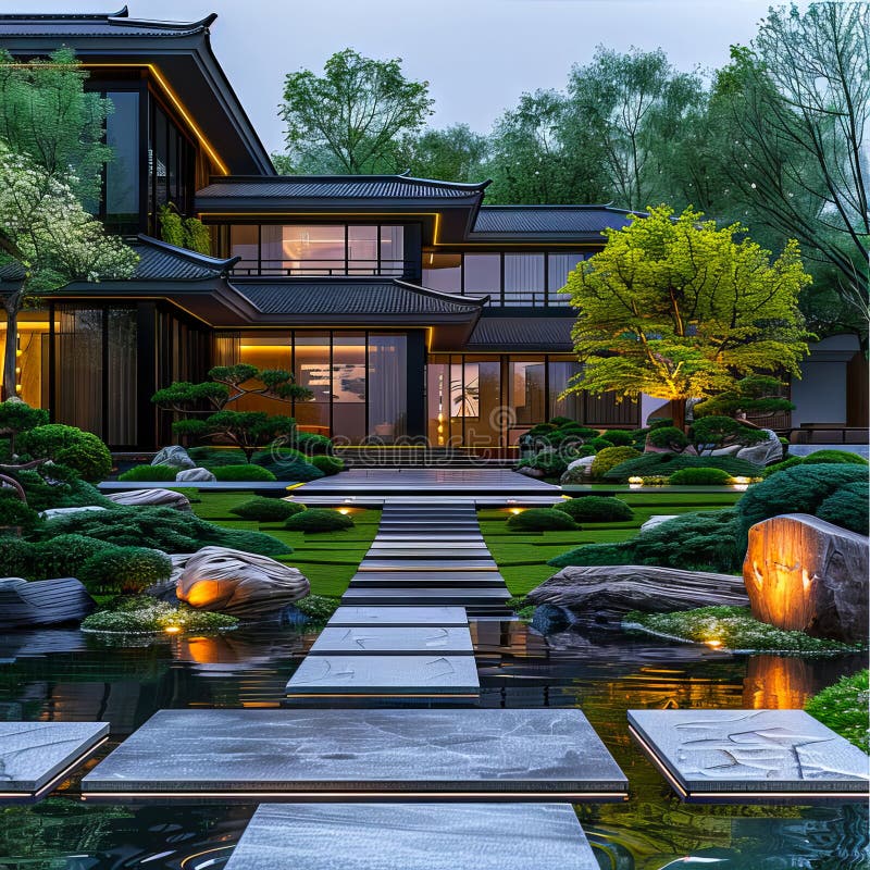 A Beautiful Japanese House with a Water Feature Stock Image - Image of ...