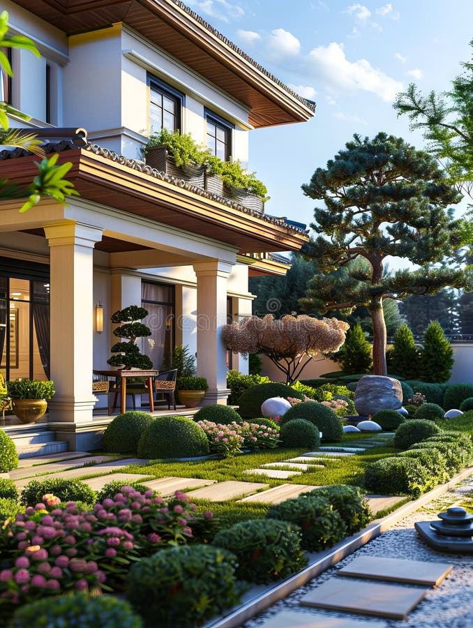 A Beautiful Japanese Style House with Landscaping Stock Image - Image ...
