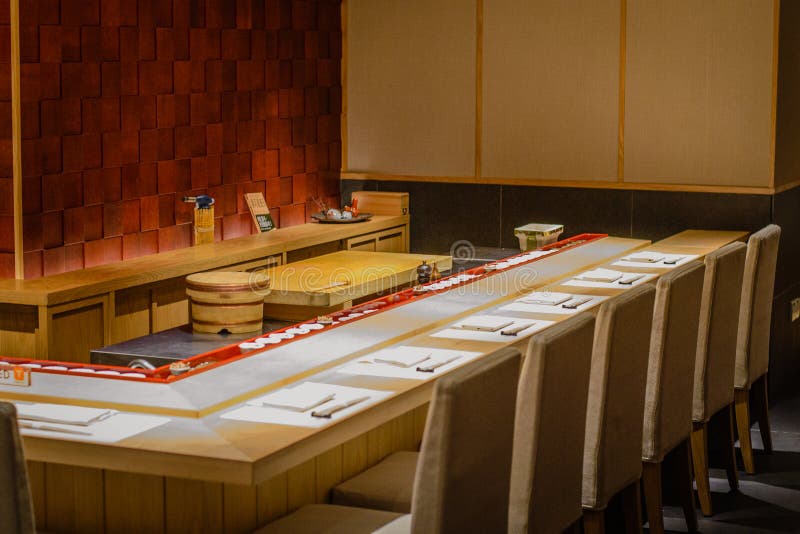 Beautiful Japanese Sushi Bar with Seating Right in Front of Chef Stock ...