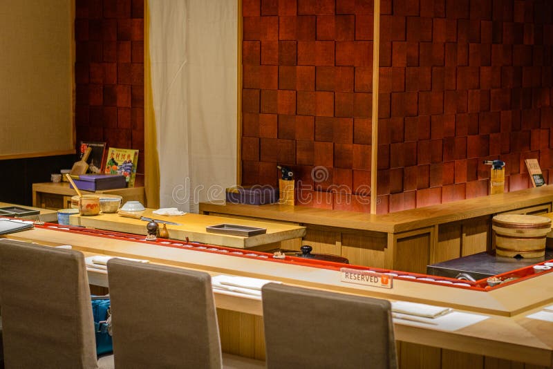 Beautiful Japanese Sushi Bar with Seating Right in Front of Chef Stock ...