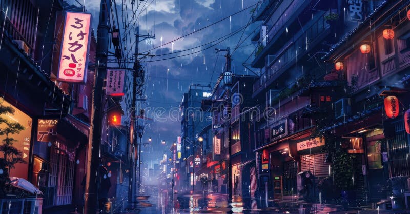A Beautiful Japanese Tokyo City Town in the Evening Stock Illustration ...