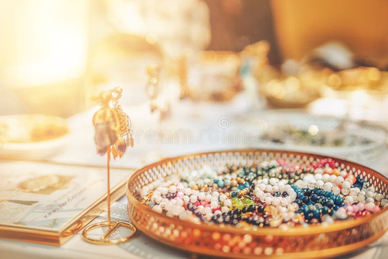 Beautiful Jewelry on the Table, Jewelry with Healing Stones. Stock ...