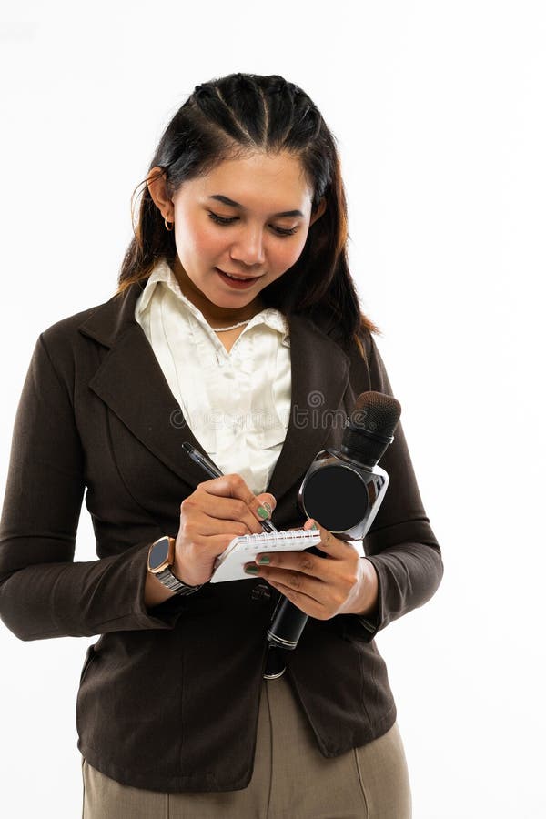 A Beautiful Journalist Writing on the Notebook at Her Hand Stock Photo ...