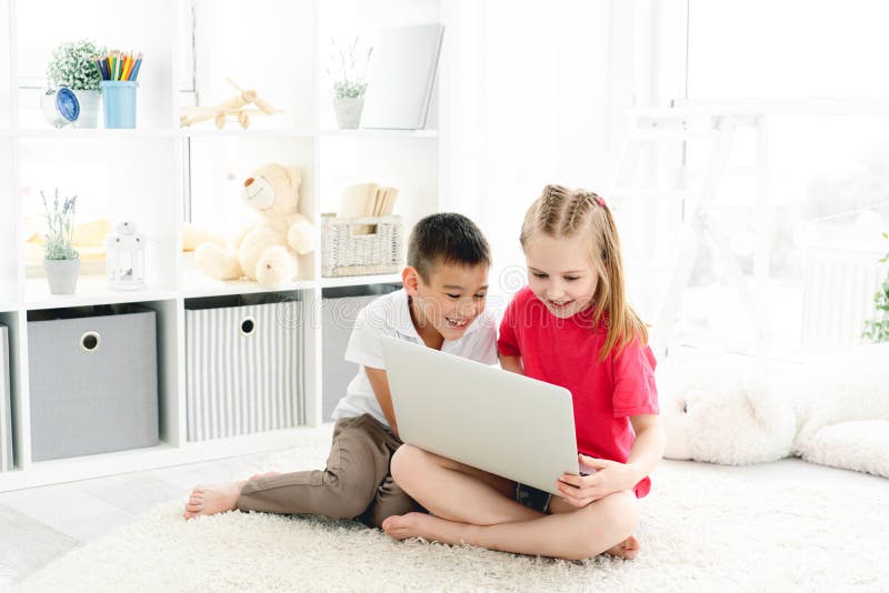 Beautiful Kids Using Laptop in Room Stock Photo - Image of home ...