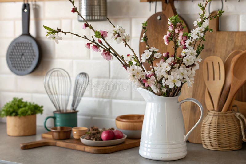 Beautiful Kitchen Backdrop with Utensils and Flowering Jug Stock ...