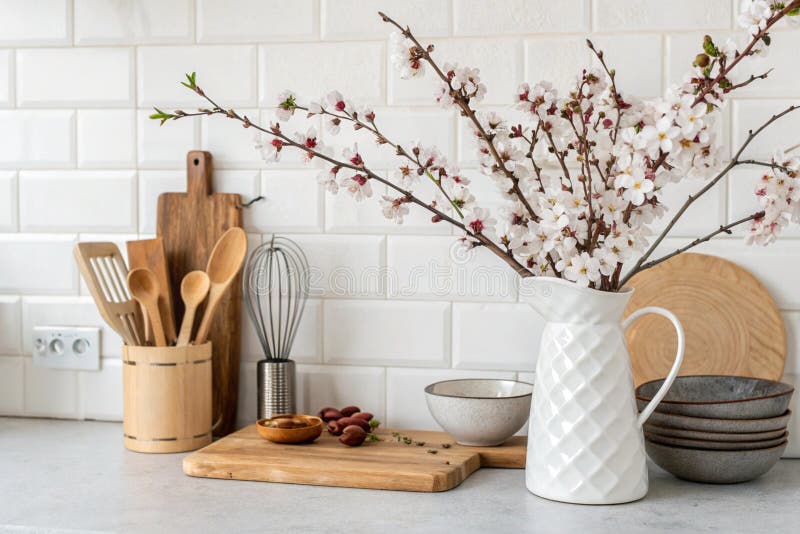 Beautiful Kitchen Backdrop with Utensils and Flowering Jug Stock ...