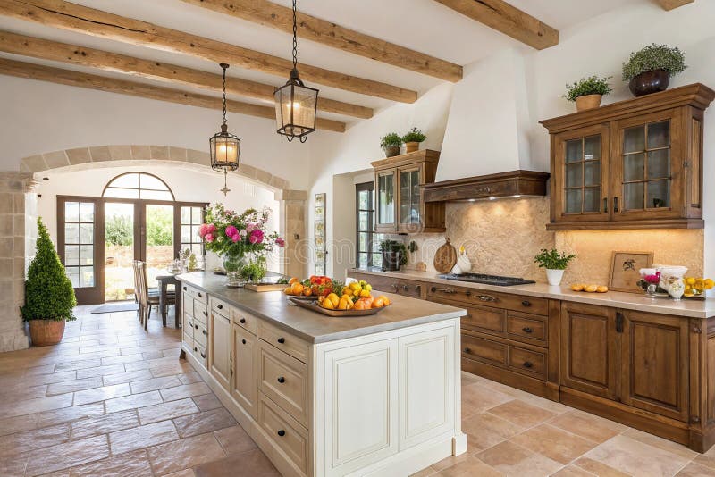 Beautiful Kitchen Interior of Large Spanish Villa. with Fresh Flowers ...