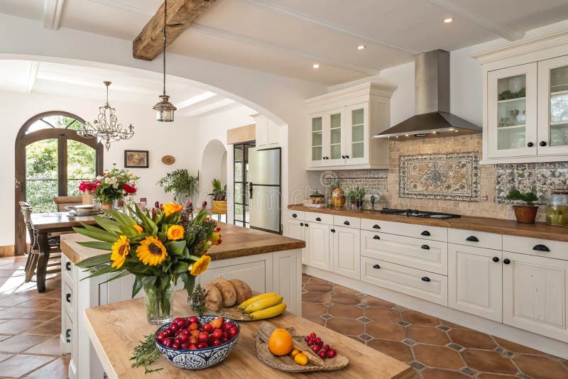Beautiful Kitchen Interior of Large Spanish Villa. with Fresh Flowers ...