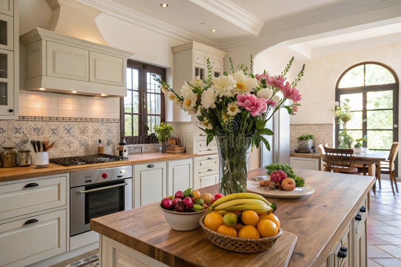 Beautiful Kitchen Interior of Large Spanish Villa. with Fresh Flowers ...