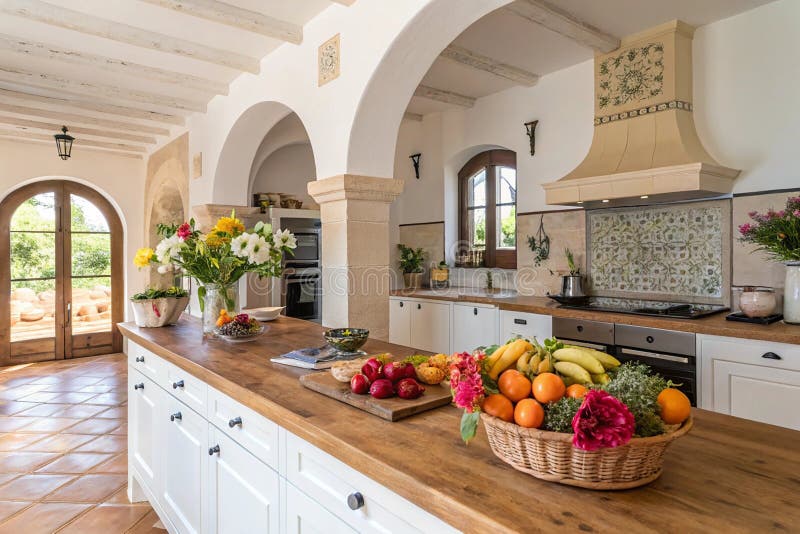 Beautiful Kitchen Interior of Large Spanish Villa. with Fresh Flowers ...