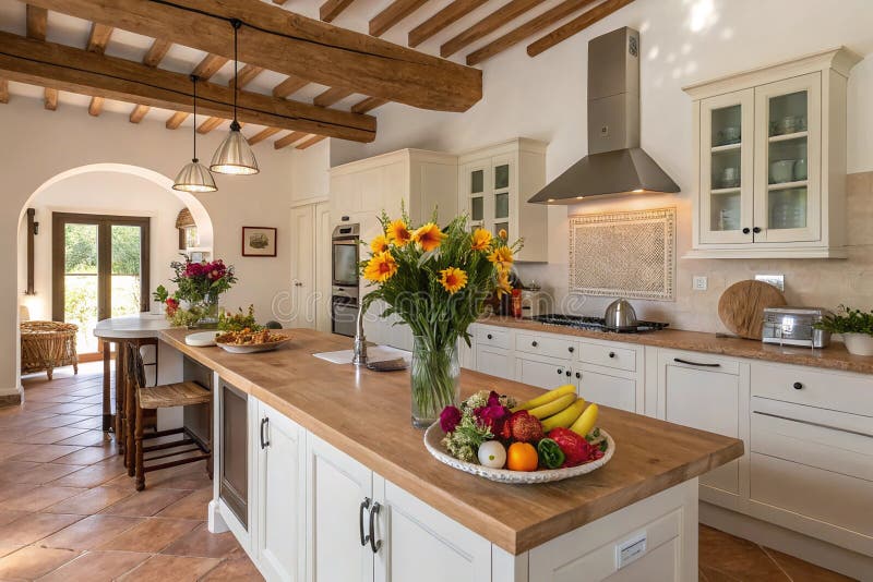 Beautiful Kitchen Interior of Large Spanish Villa. with Fresh Flowers ...