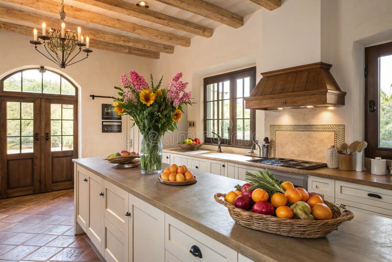 Beautiful Kitchen Interior of Large Spanish Villa. with Fresh Flowers ...