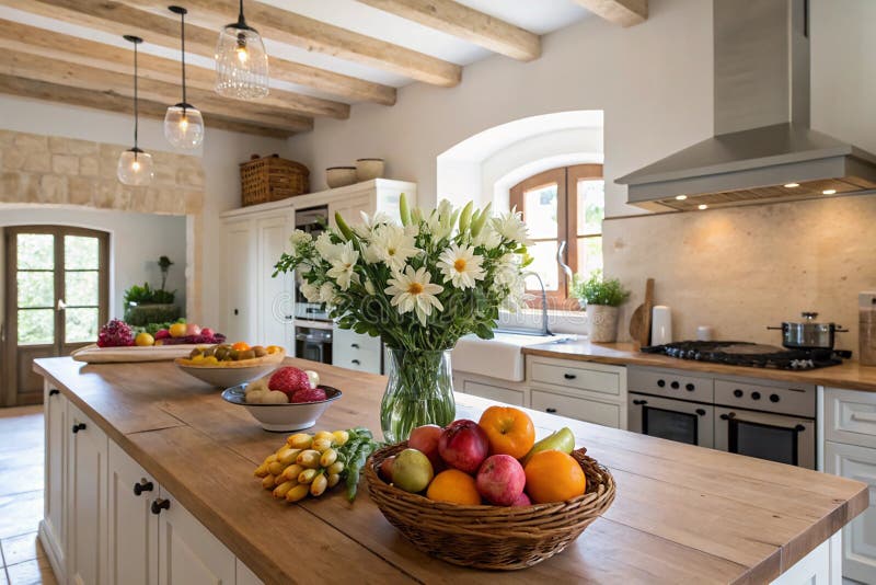 Beautiful Kitchen Interior of Large Spanish Villa. with Fresh Flowers ...