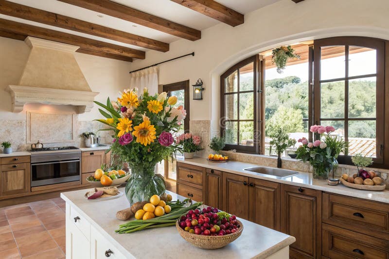 Beautiful Kitchen Interior of Large Spanish Villa. with Fresh Flowers ...