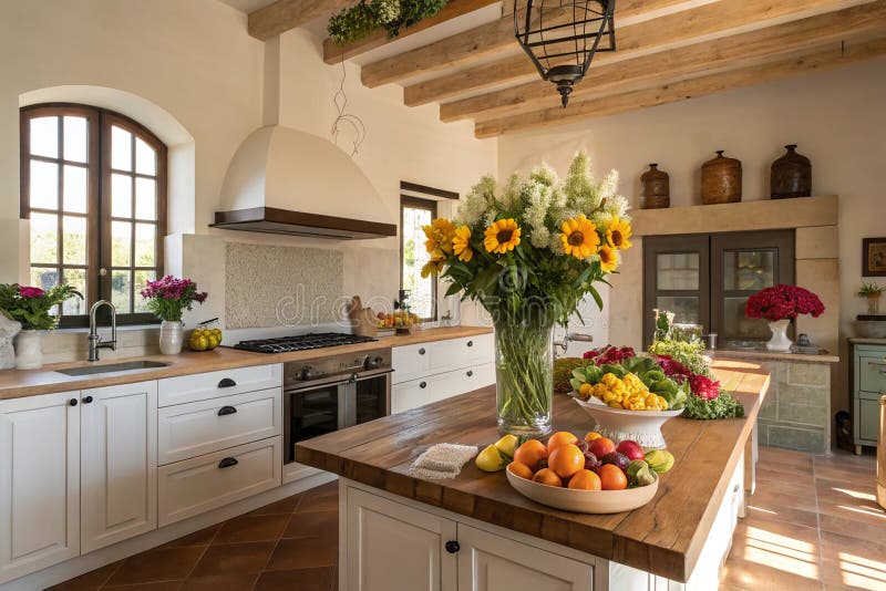 Beautiful Kitchen Interior of Large Spanish Villa. with Fresh Flowers ...