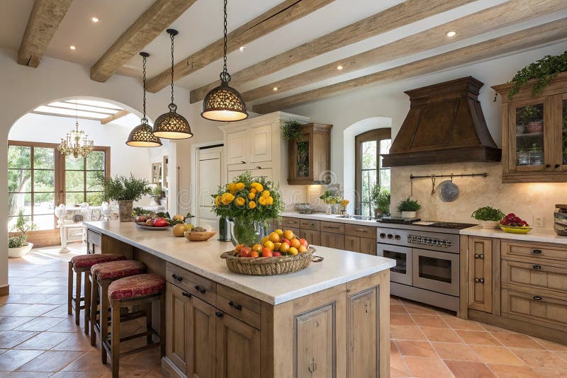 Beautiful Kitchen Interior of Large Spanish Villa. with Fresh Flowers ...