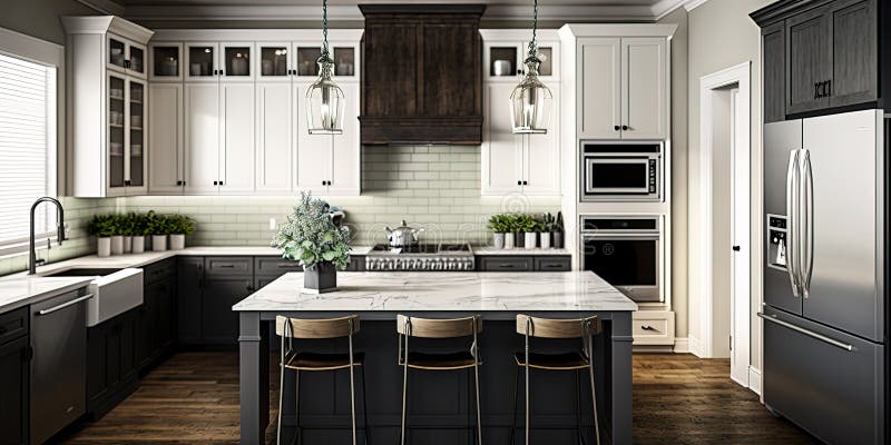 Beautiful Kitchen in New Custom Home. Generative AI Stock Illustration ...