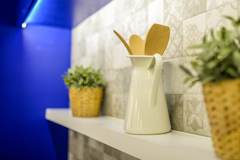 Beautiful Kitchenware on Shelf Stock Image - Image of brown, tools ...