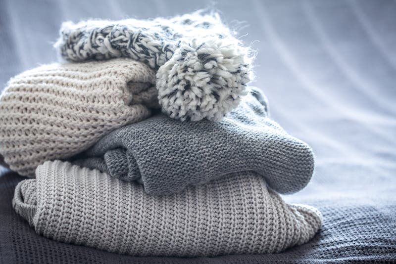 Beautiful Knitted Clothes, Neatly Folded, Close-up, Handmade Sweaters ...