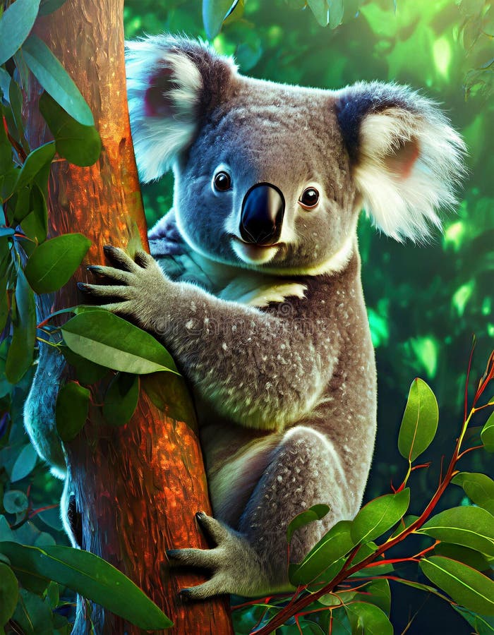 Beautiful Koala Looking at Camera while Climbing a Eucalyptus Tree ...