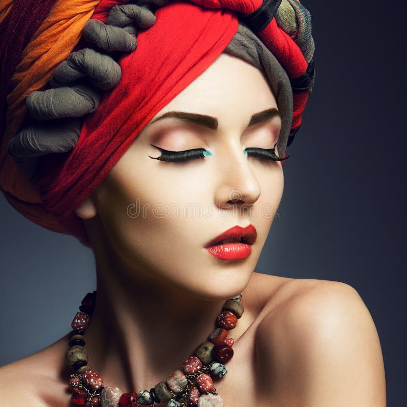 Beautiful Lady with Colored Turban Stock Image - Image of closeup ...