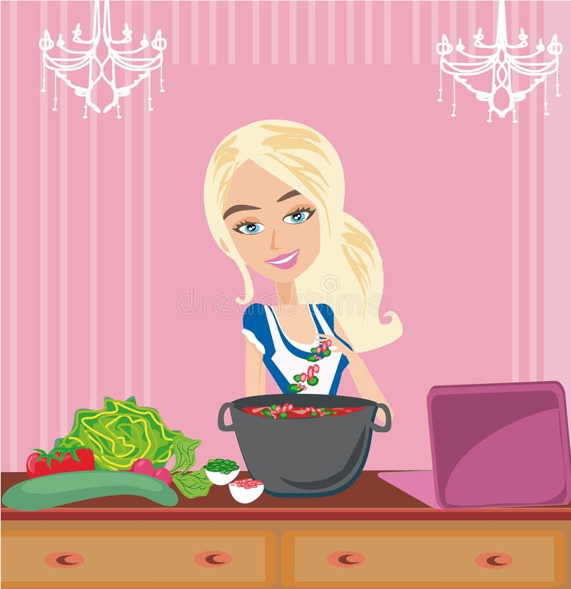 Beautiful Lady Cooking Dinner Stock Vector - Illustration of human ...