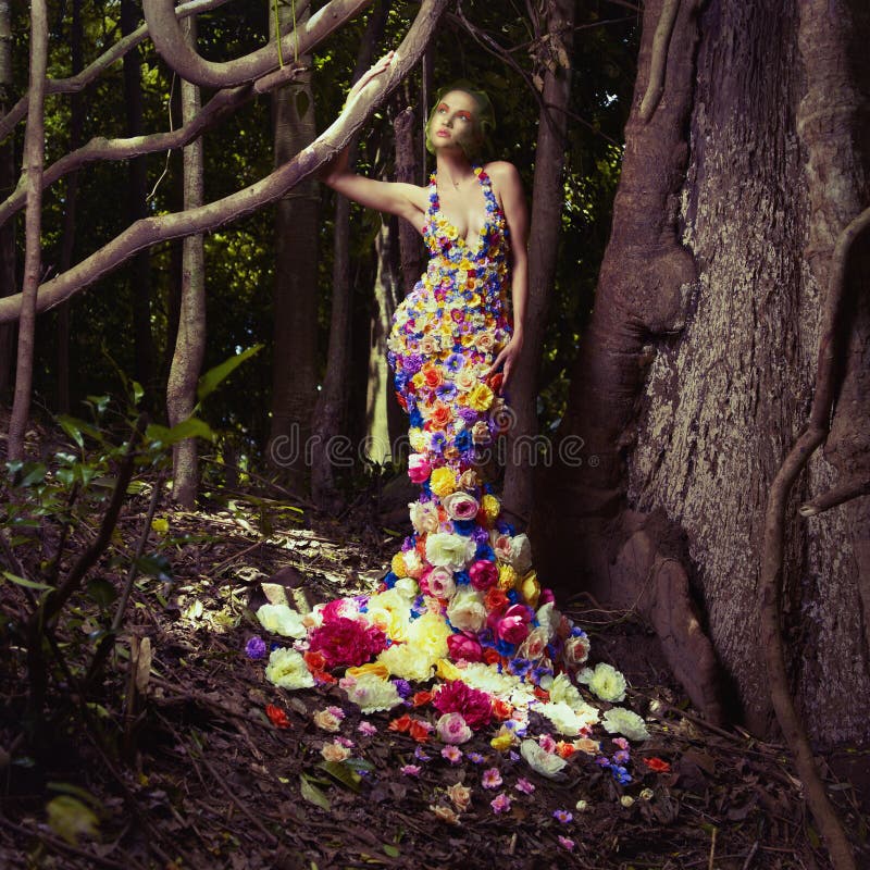 Beautiful Lady in Dress of Flowers Stock Image - Image of daydreaming ...