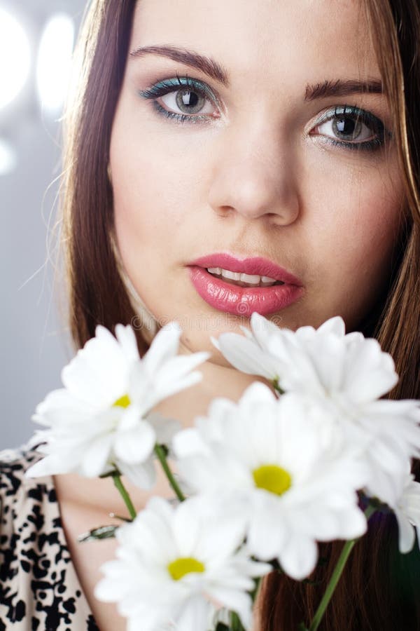 Beautiful Lady with Flowers Bouquet Stock Photo - Image of dress ...