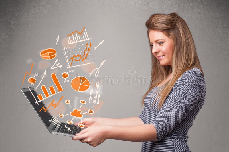 Beautiful Lady Holding Notebook With Graphs And Statistics Stock Photo ...